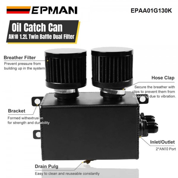 EPMAN 1.2L-10AN Oil Catch Can Reservoir Tank & Dual Breather Filter ...